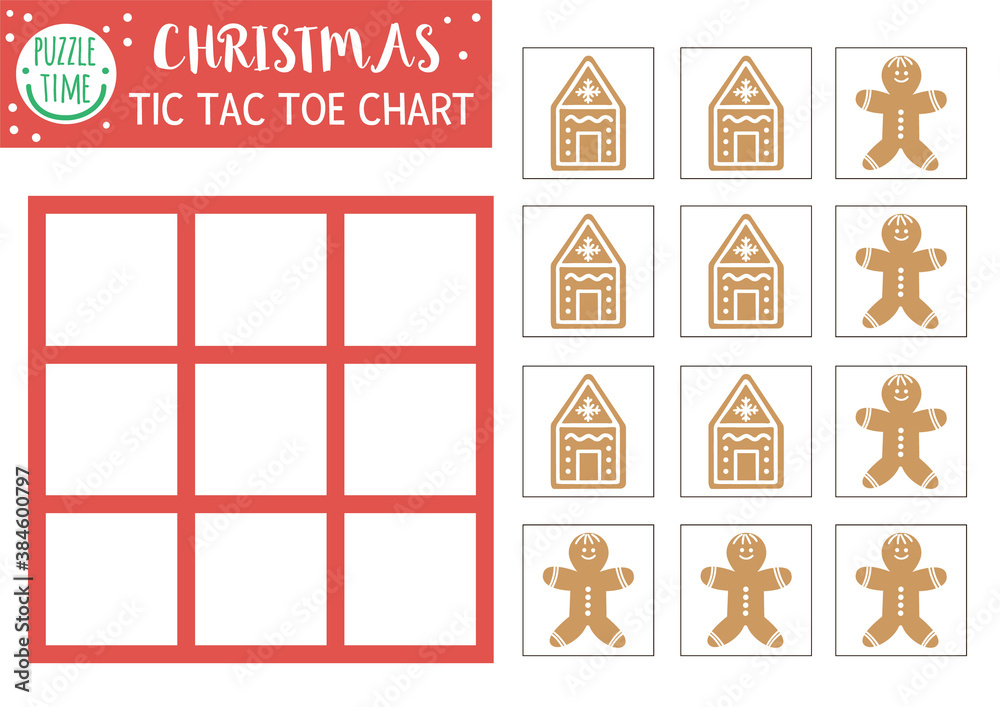 Vector Christmas tic tac toe chart with cute gingerbread man. Winter ...
