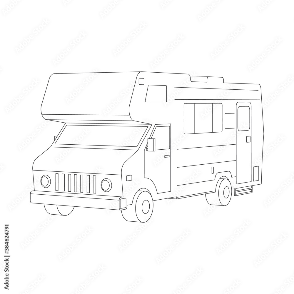 Isometric traveler truck camper thin line. 3d Camping RV trailer family ...