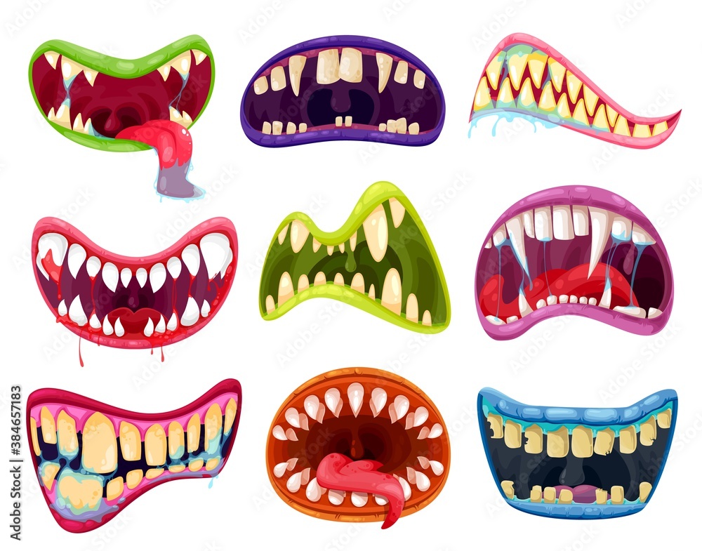 Mouth and teeth of Halloween monsters vector set. Cartoon scary smile ...