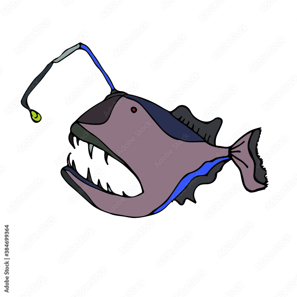 Angler fish with open mouth and lantern. Colored vector drawing. Hand ...