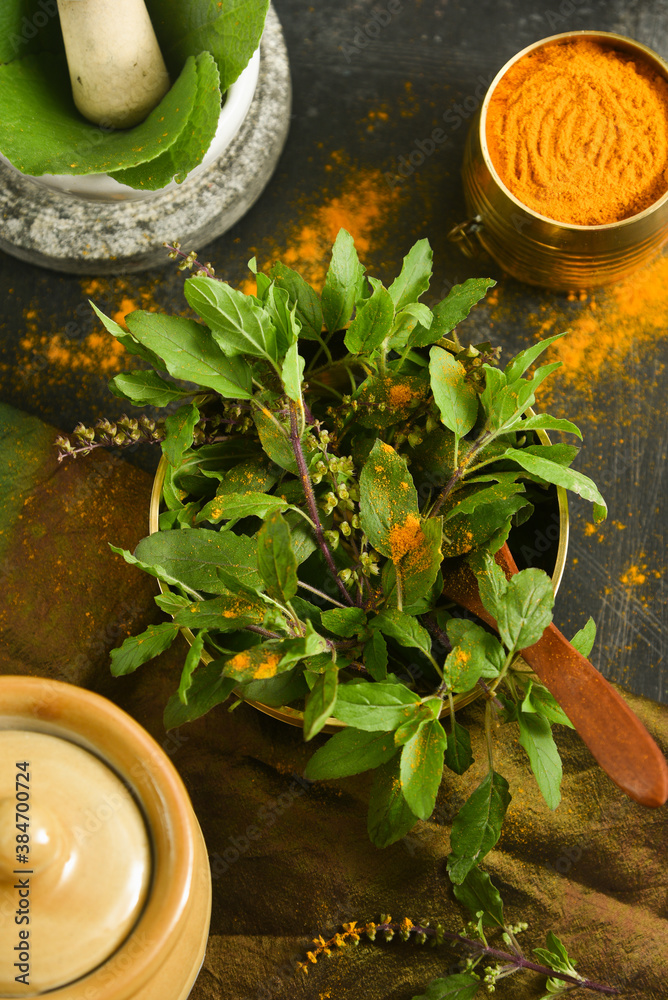 Tulsi leaves turmeric powder Indian Ayurveda anti virus antiseptic ...