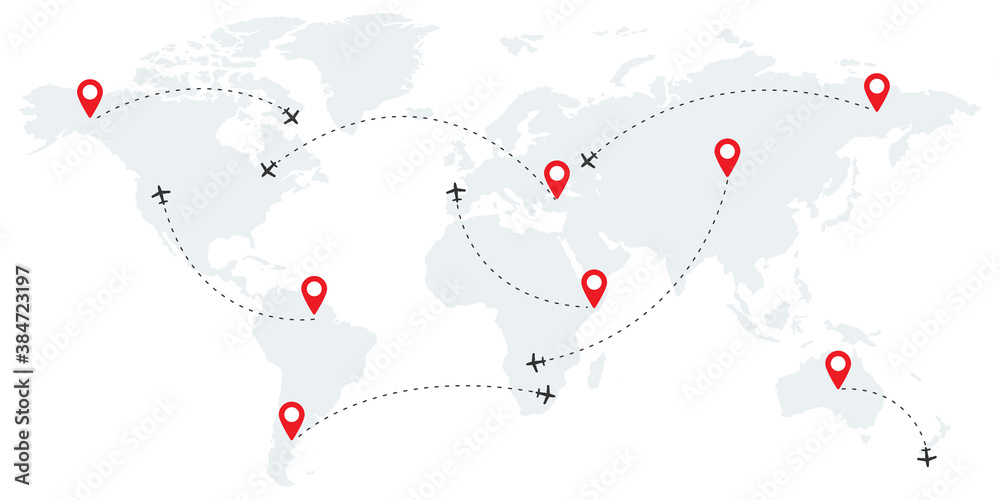 Airline route points. Plane flight with dashed path. Map of world ...