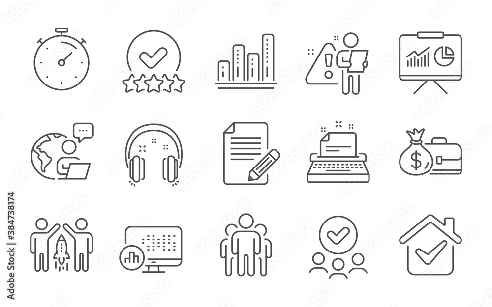 Timer, Presentation and Group line icons set. Typewriter, Report statistics and Rating stars ...