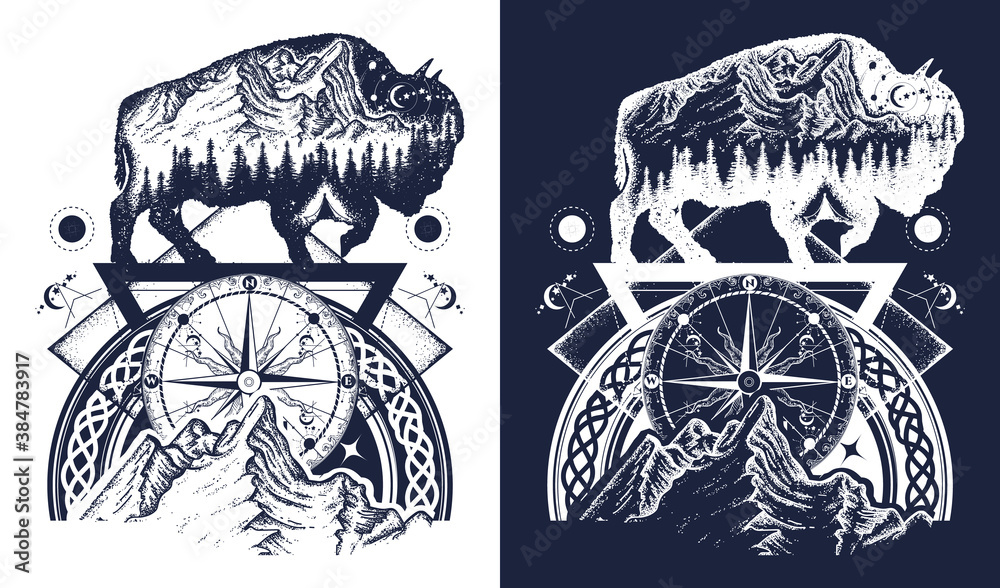 Bison double exposure, mountains, compass, tattoo art. Tourism symbol ...