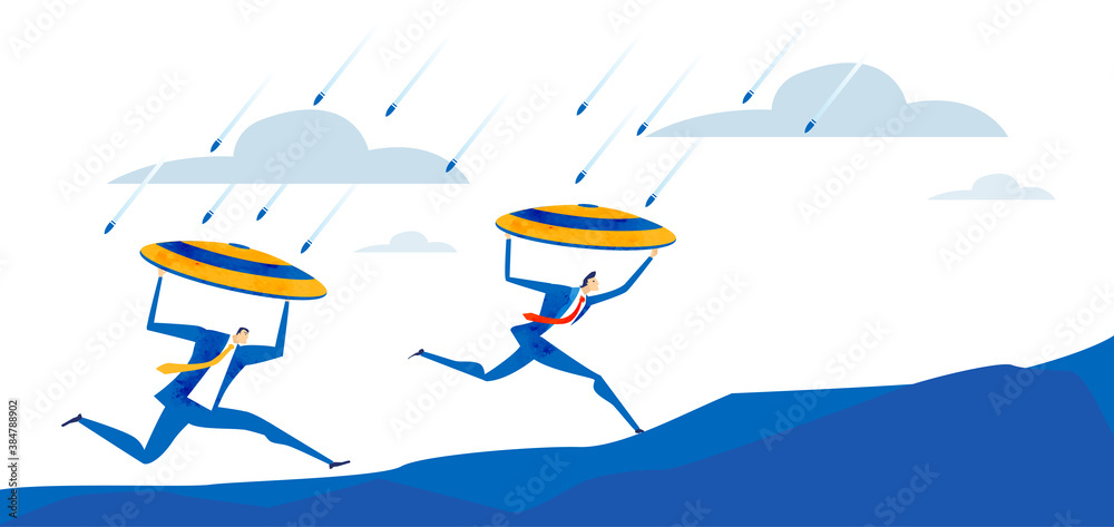 Business people running and cover themselves with shields in order to ...