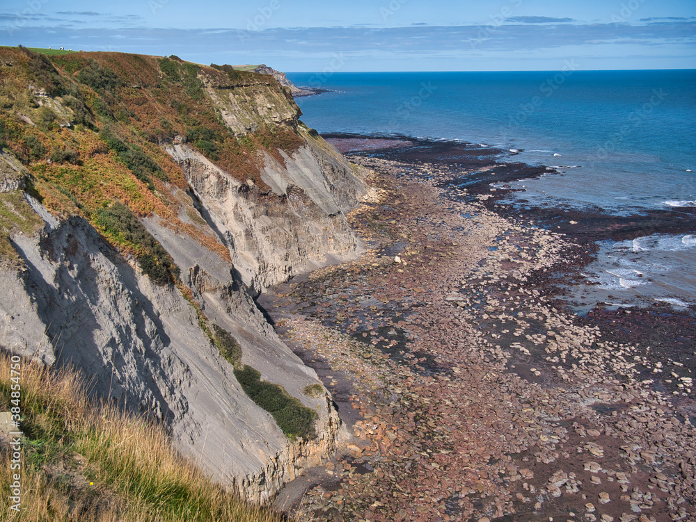 North of Robin Hood's Bay in Yorkshire, UK, low tide reveals the ...