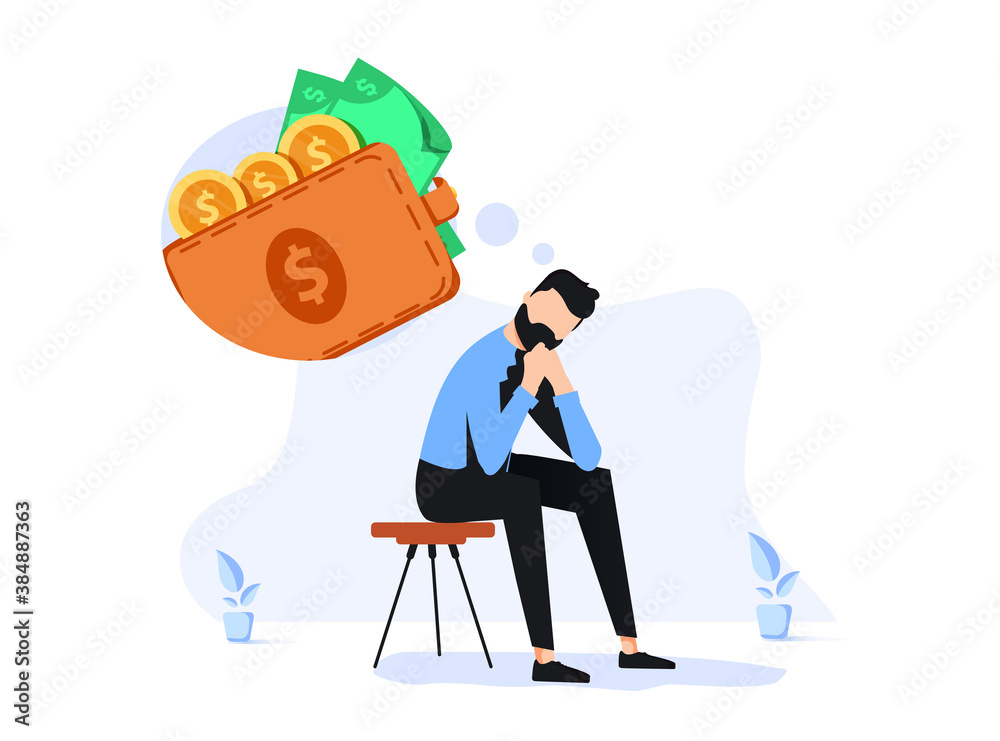 Depressed sad man thinking over financial problems and debts ...
