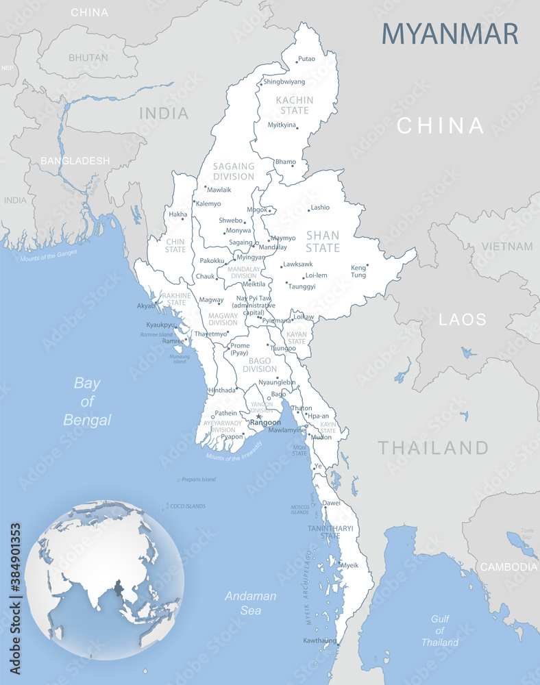 Blue-gray detailed map of Myanmar administrative divisions and location ...
