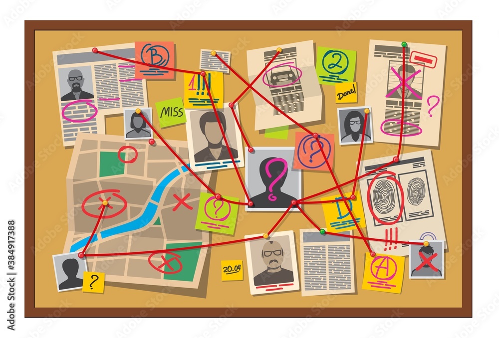 Crime board with pins and evidence connected with red thread, vector ...
