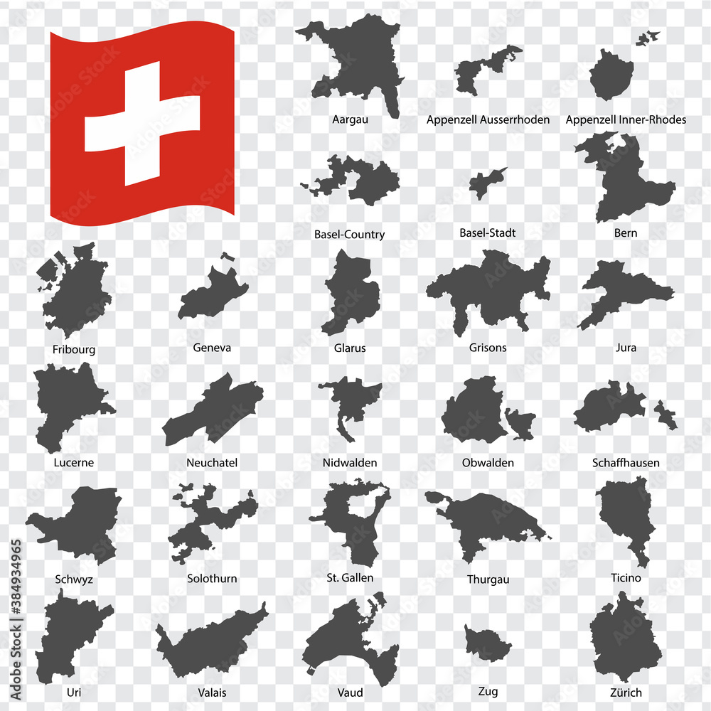 Twenty six Maps Regions of Switzerland- alphabetical order with name ...
