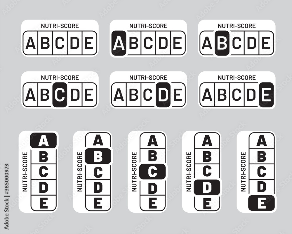 Nutriscore black and white stickers set. Vertical and horizontal ...