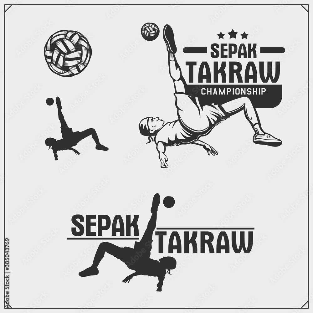 Vector set of Sepak Takraw and fitness emblems and labels. Athletes ...