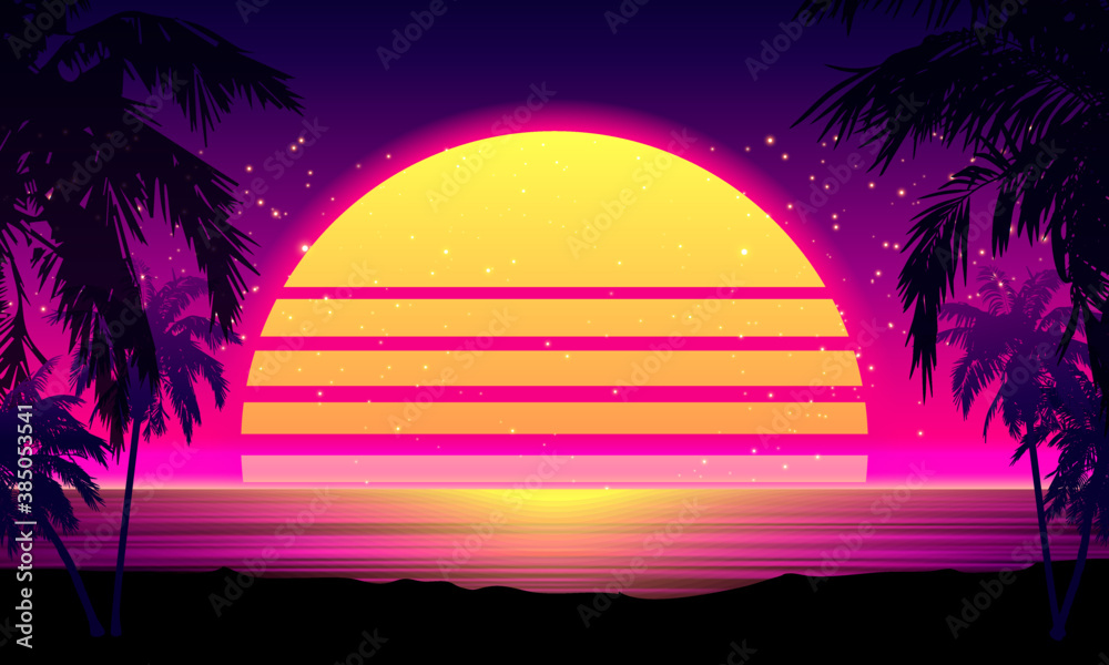 Retro 80s Style Tropical Sunset with Palm Tree Silhouette and Gradient ...