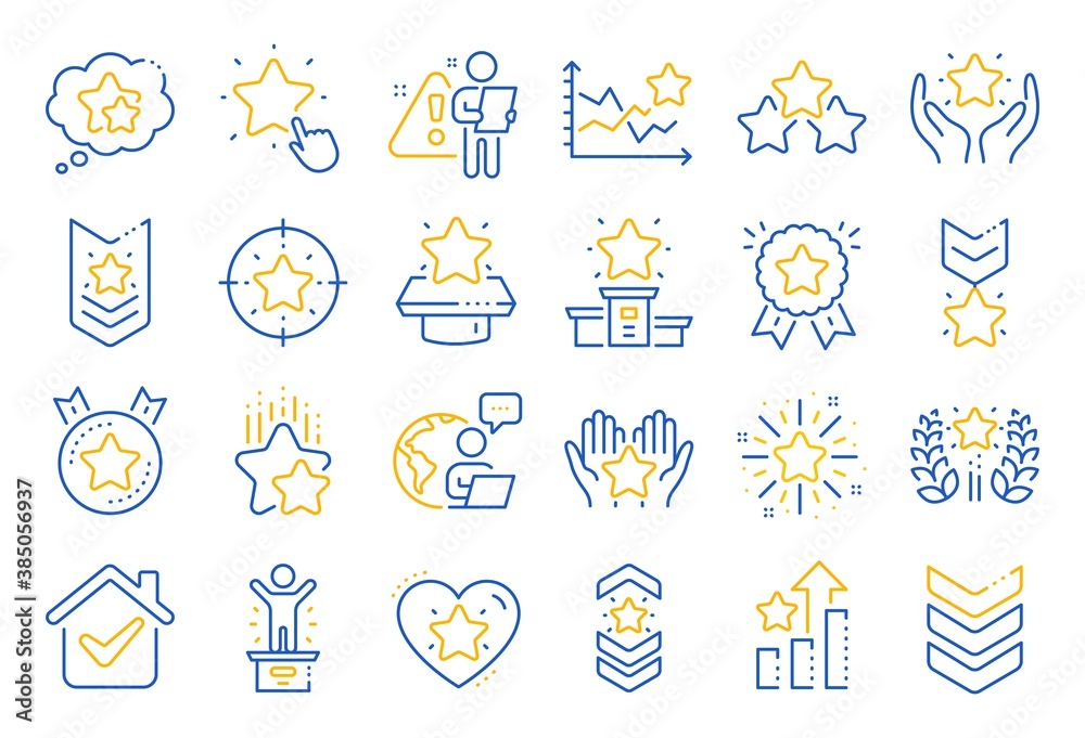 Ranking line icons. First place, star rating and winner medal. Shoulder ...