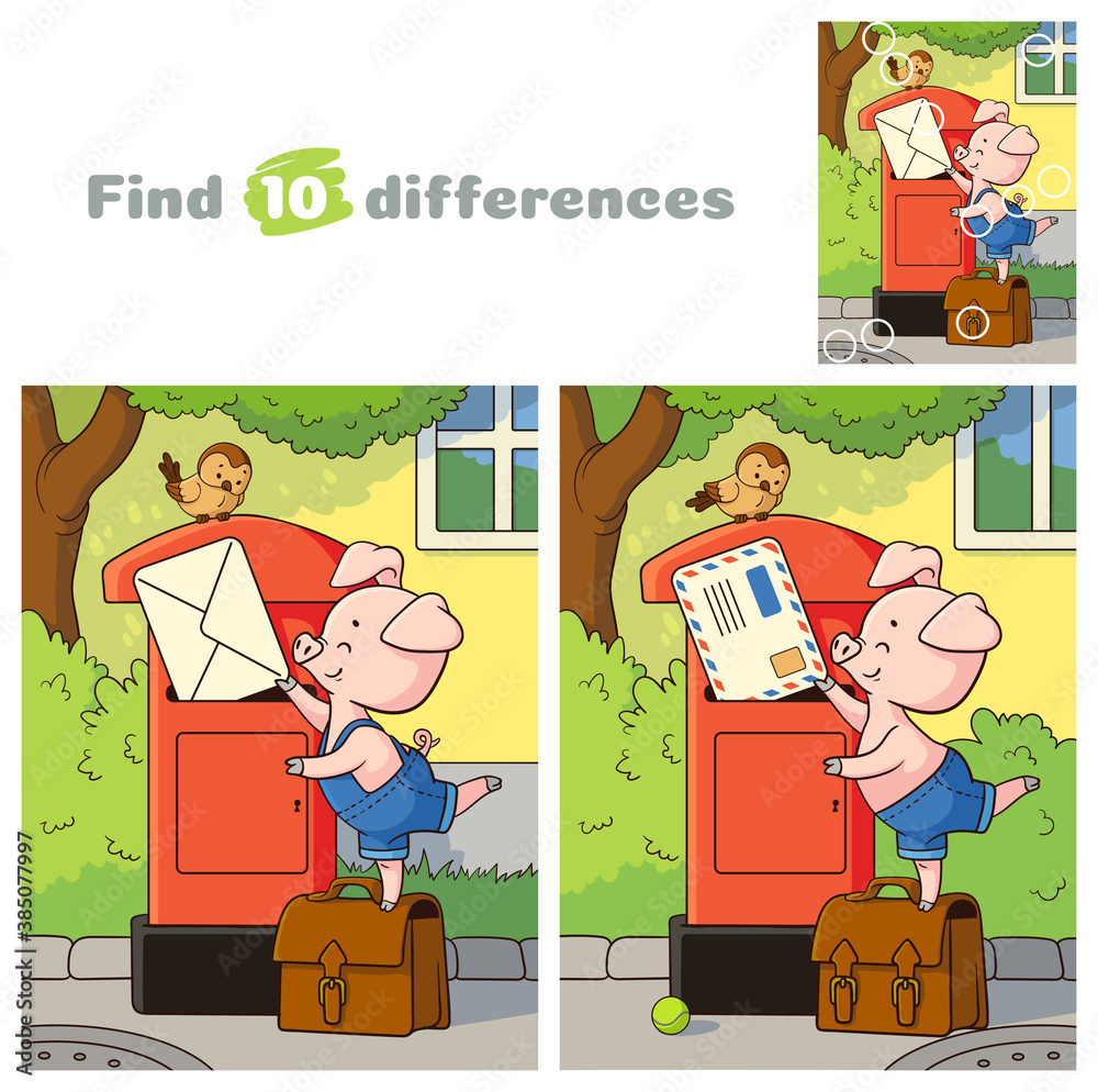 Cute pig puts a letter in the red mailbox. Find 10 differences ...