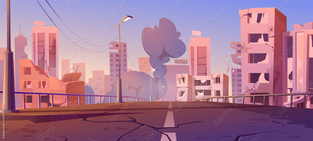 City destroy in war zone, abandoned buildings and bridge with smoke ...