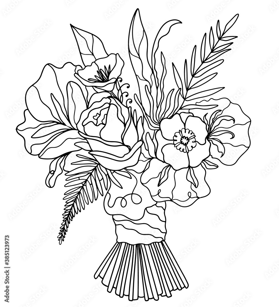 Bouquet of eucalyptus, proteus and poppy.Anti stress coloring book page ...