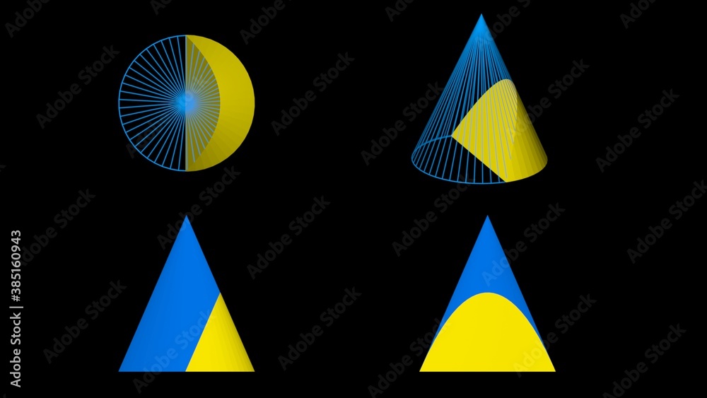 Parabola conic cross sections .Flat plane reveals sliced view inside ...