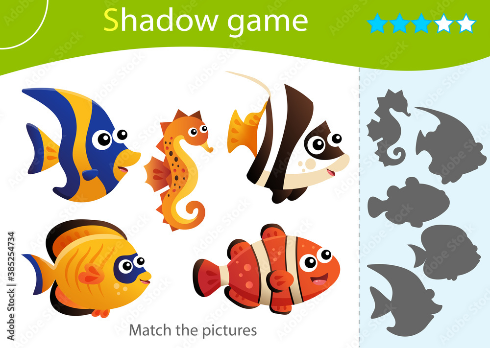 Shadow Game for kids. Match the right shadow. Color images of aquarium ...