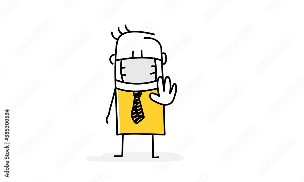 Stop sign, no entry concept. Stick man in protection mask shows palm as ...