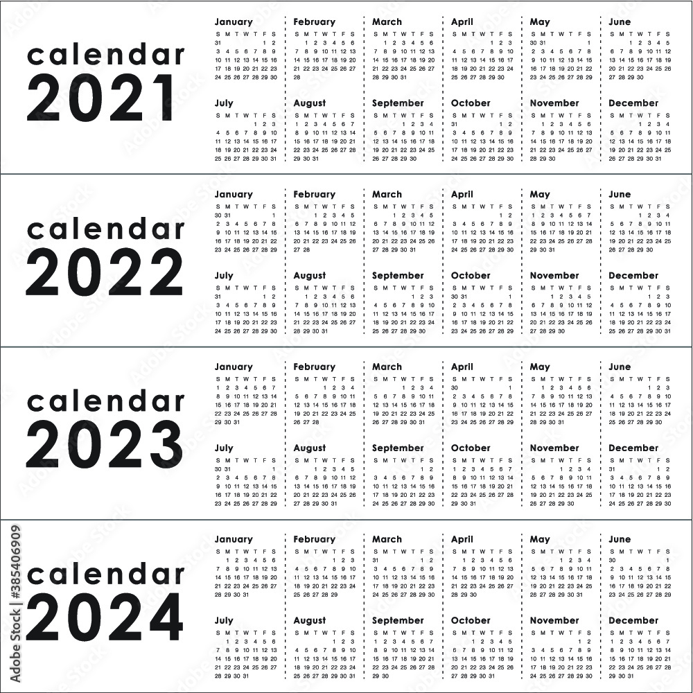 Year 2021 2022 2023 2024 calendar vector design template, simple and ...