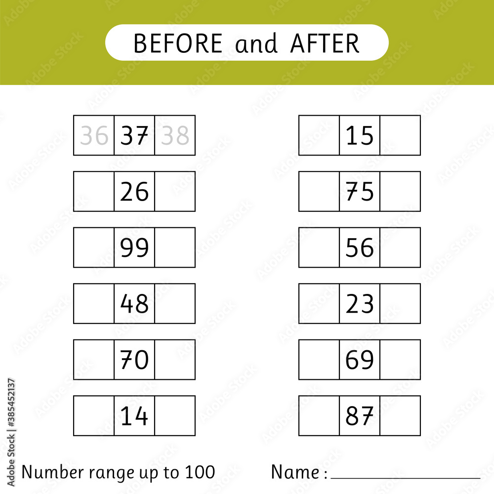 Fill in the missing numbers. Before and after. Number range up to 100 ...