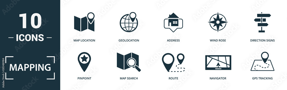 Mapping icon set. Monochrome sign collection with pinpoint, map search ...