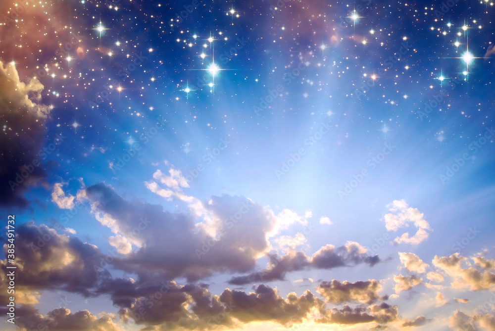 divine angelic rays of light over mystic mystical sky with stars like angel spiritual Haeven ...