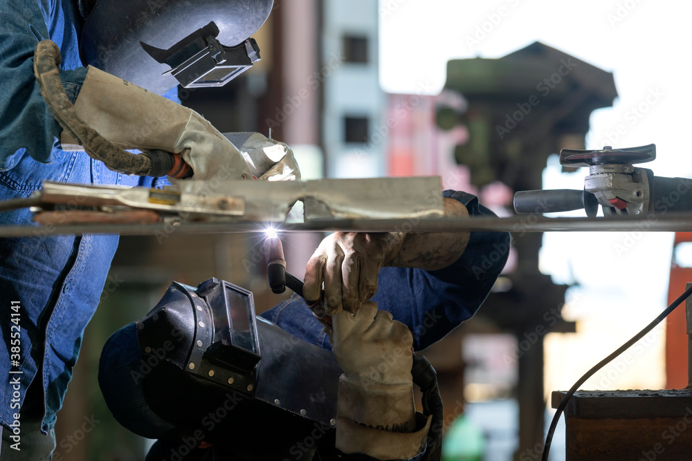 View of the double TIG (Gas tungsten, inert arc welding) welding ...