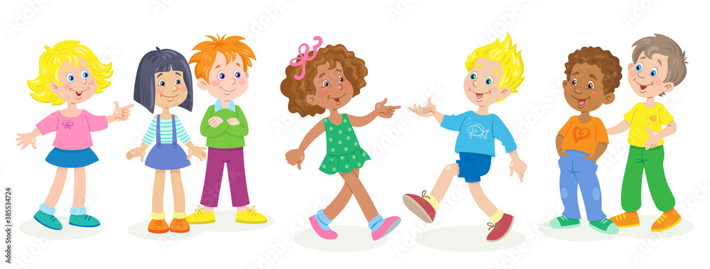 Happy kids play and dance at the party. Children of different ...