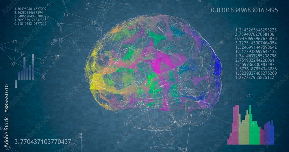 Rotating 360 low polygonal brain 3D model on blue background with animated numbers and diagrams ...