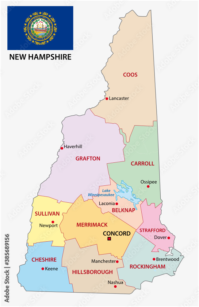 new hampshire administrative vector map with flag Stock Vector | Adobe ...