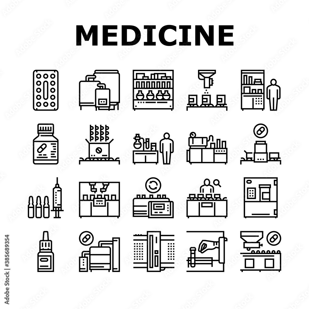 Medical Drugs Production Factory Icons Set Vector. Pharmaceutical ...