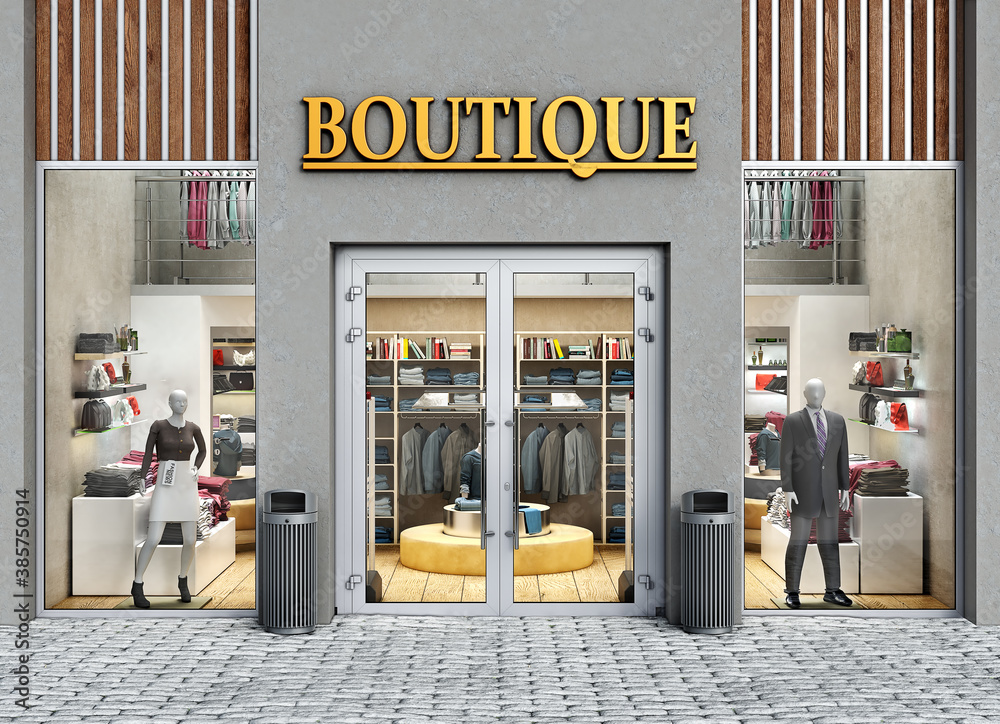 Modern boutique facade of concrete and wood with large showcase, 3d ...