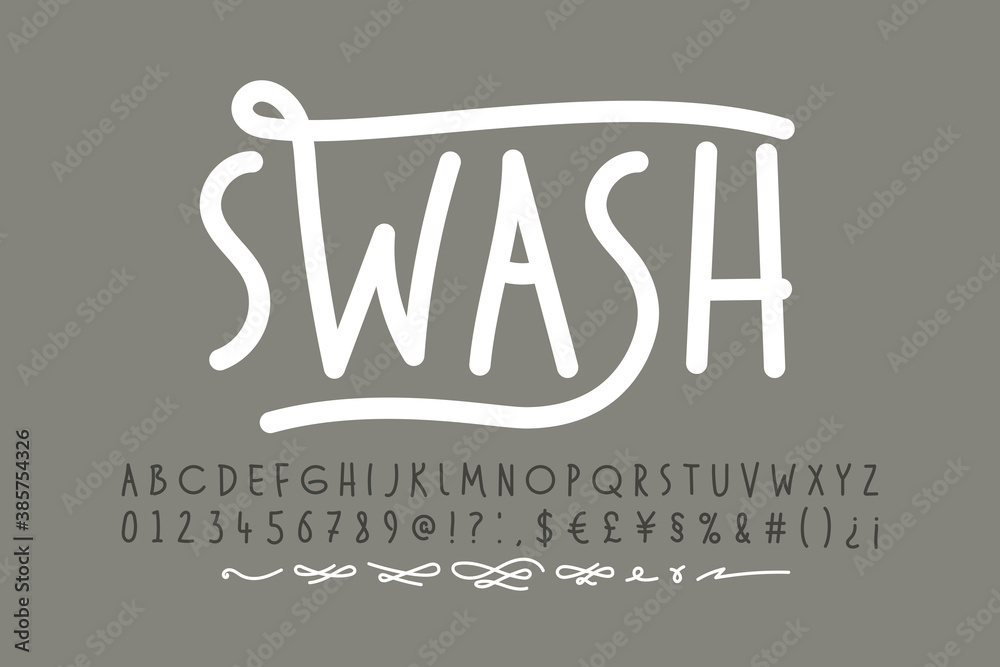 Handwitten font with swashes. Alphabet letters, numbers, punctuation ...