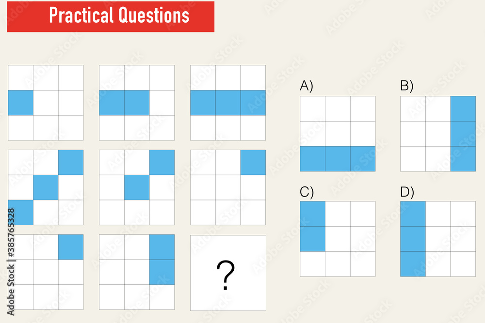IQ test. Choose correct answer. Set of logical tasks composed of ...