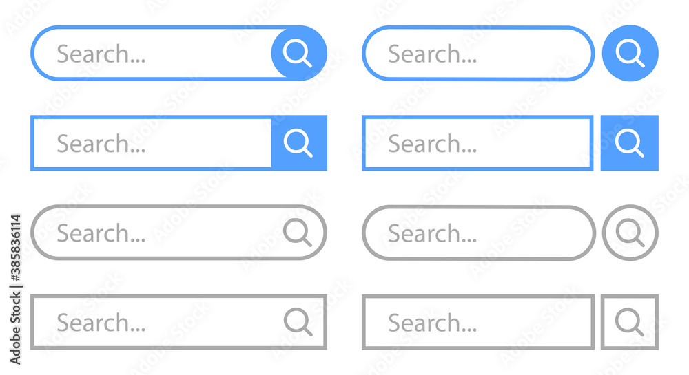 Set of search button, UI elements. Vector template for browsers with search bar and text field ...
