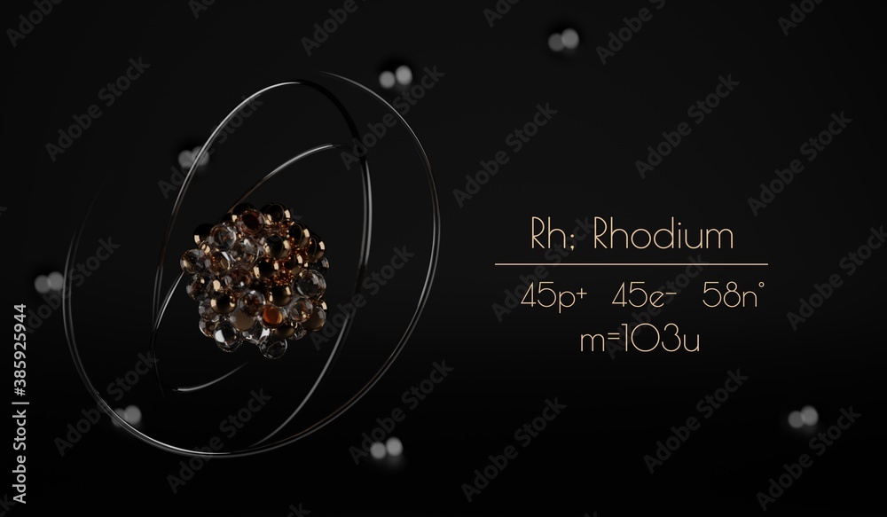 A stylized Rhodium atom visualization, with the number of protons ...