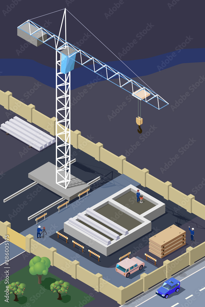 Construction site with tower crane in 3D. Installation of reinforced ...