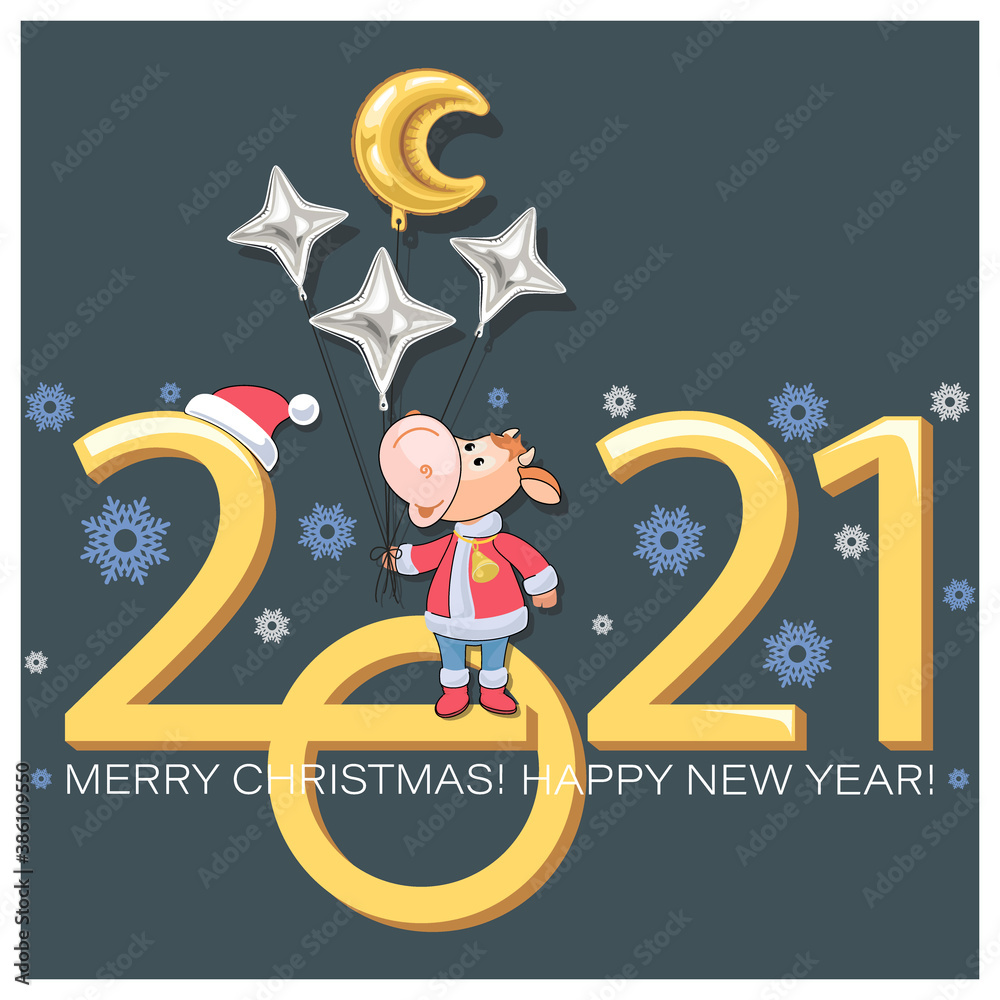 Bull. Year calf. Chinese symbol of New Year 2021. Merry Christmas ...
