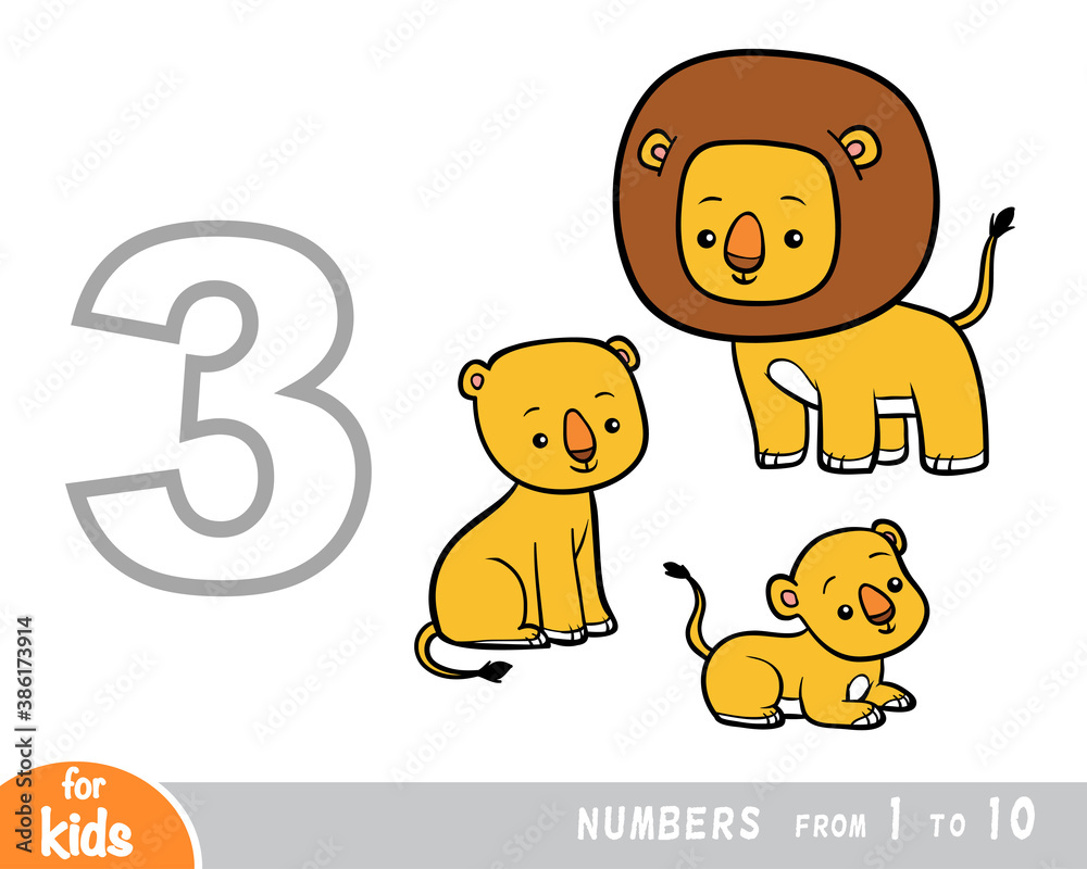 Educational poster for children about numbers. Digit three, three lions ...