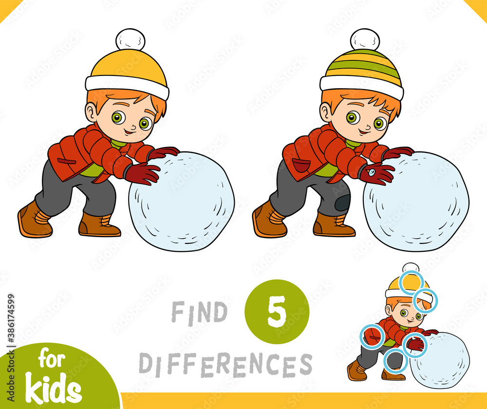 Find differences, educational game for kids, Boy and a ball of snow ...