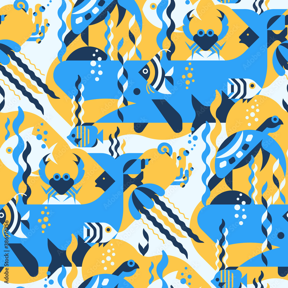 Under water sea seamless pattern with whale, fish, jellyfish, tropical ...
