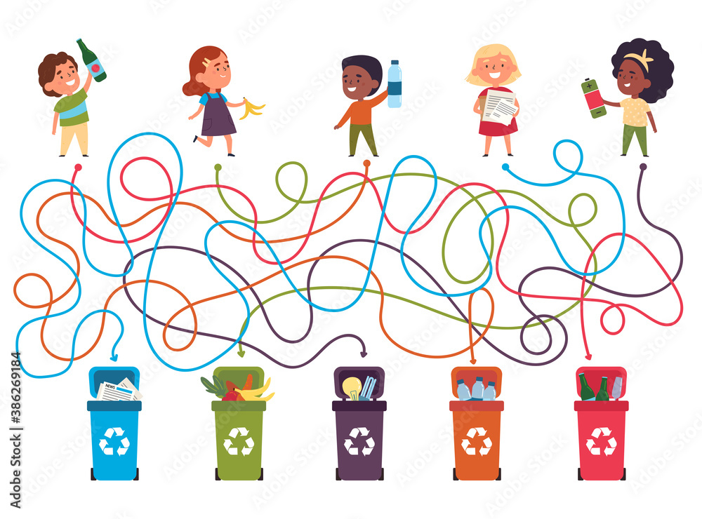 Vetor Recycling maze for kids with a solution.Labyrinth game to find ...