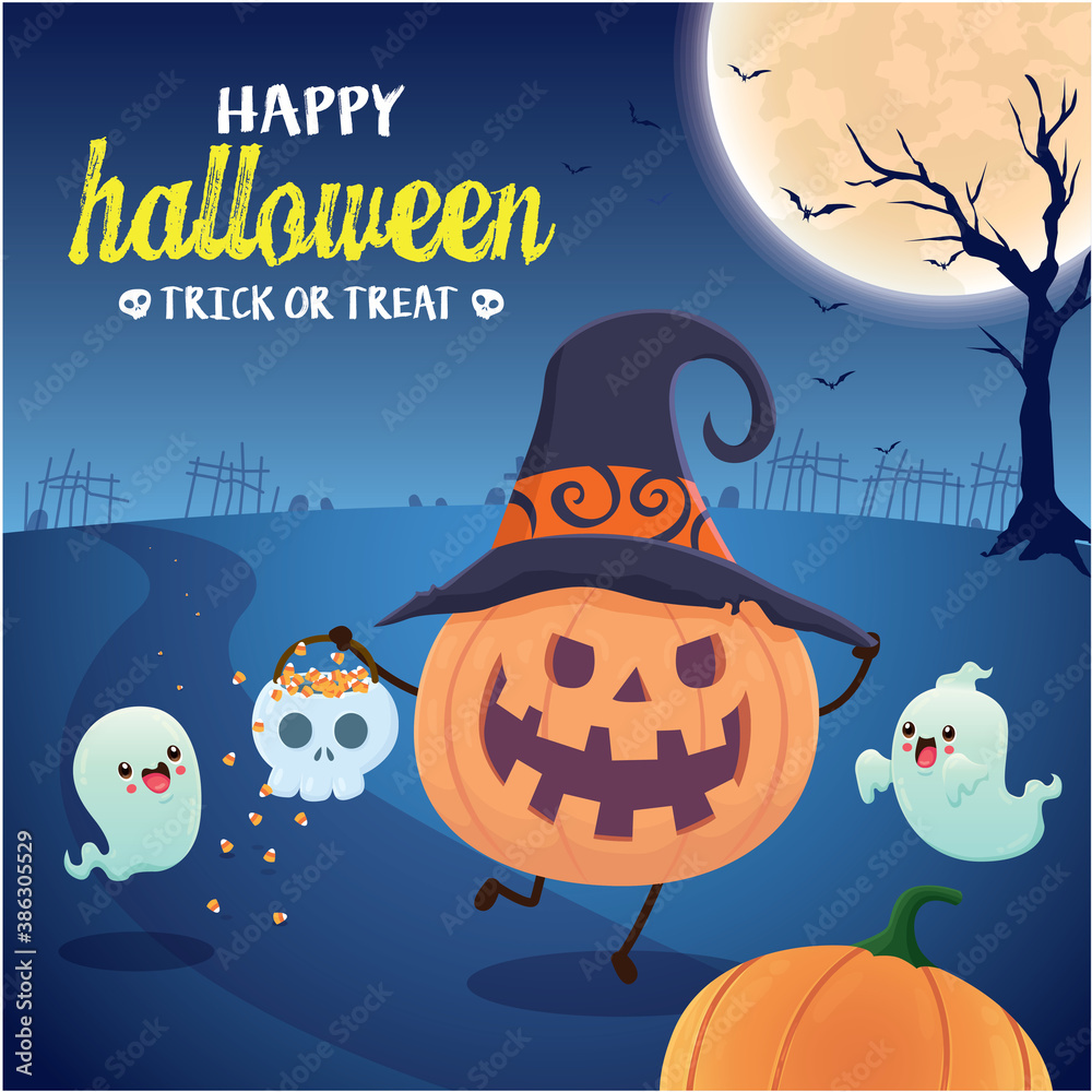 Vintage Halloween poster design with vector jack o lantern, ghost ...