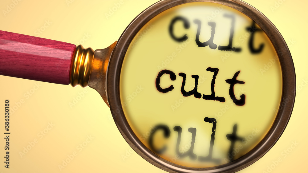Examine and study cult, showed as a magnify glass and word cult to ...