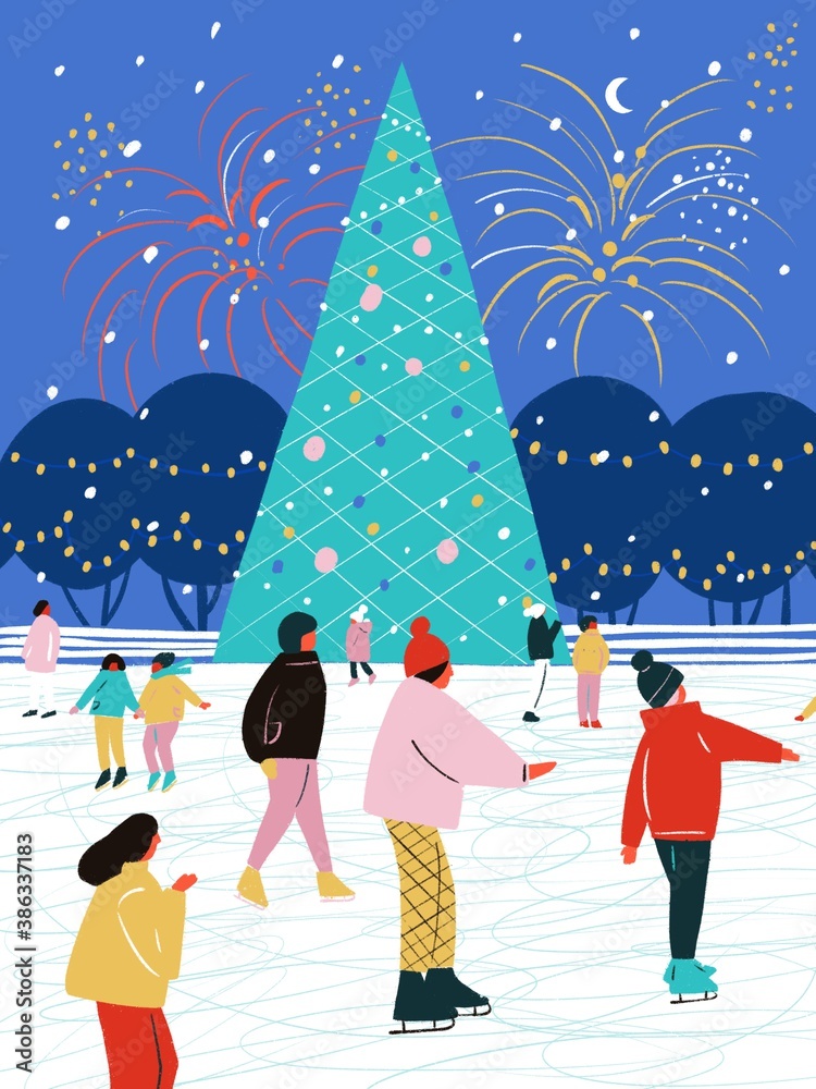 Happy families and couples skating on ice rink. Christmas and Happy New ...