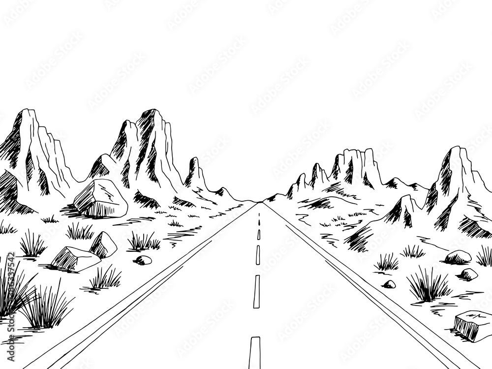 Prairie road graphic black white desert landscape sketch illustration ...