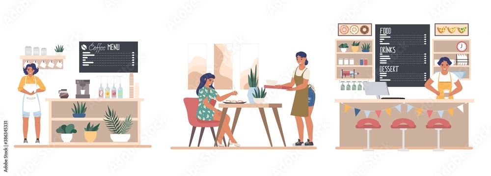 Cafe or bar scene set with staff and visitors, flat vector isolated ...