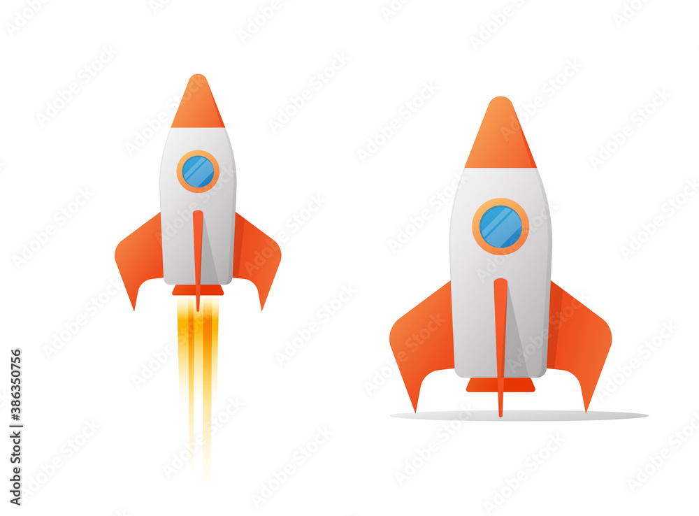 Rocket ship flying and standing vector clipart set flat cartoon, retro ...